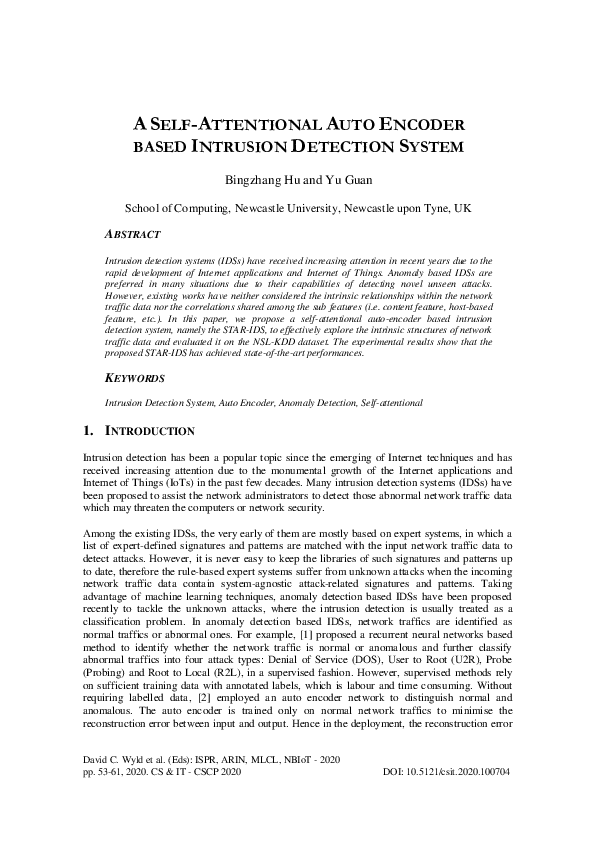 Pdf A Self Attentional Auto Encoder Based Intrusion Detection System