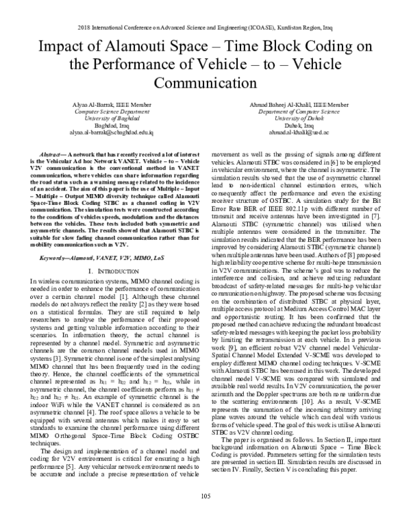 (PDF) Impact of Alamouti Space -Time Block Coding on the Performance of Vehicle -to -Vehicle ...