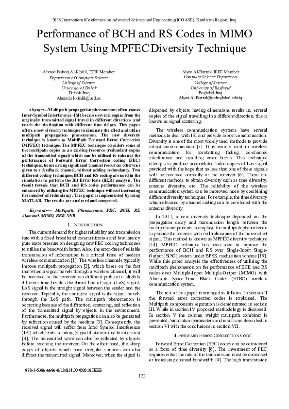 Pdf Performance Of Bch And Rs Codes In Mimo System Using Mpfec