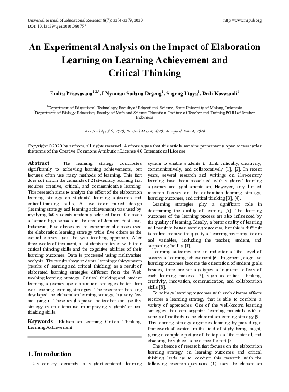 (PDF) An Experimental Analysis on the Impact of Elaboration Learning on ...