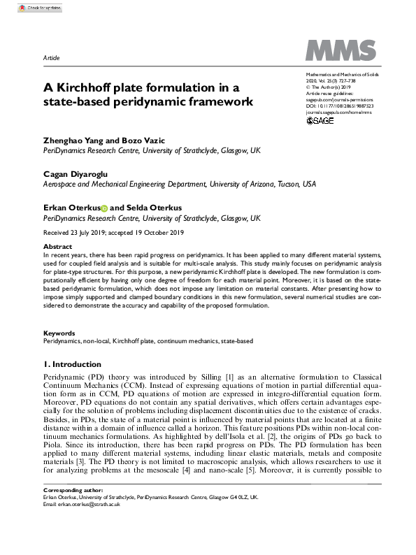 (PDF) A Kirchhoff plate formulation in a state-based peridynamic framework