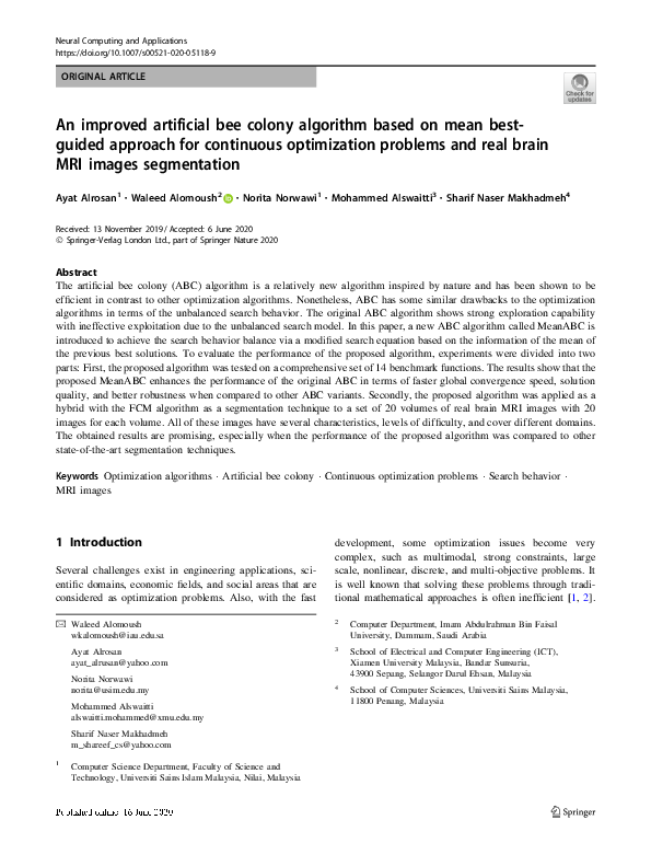 Pdf An Improved Artificial Bee Colony Algorithm Based On Mean Best Guided Approach For 