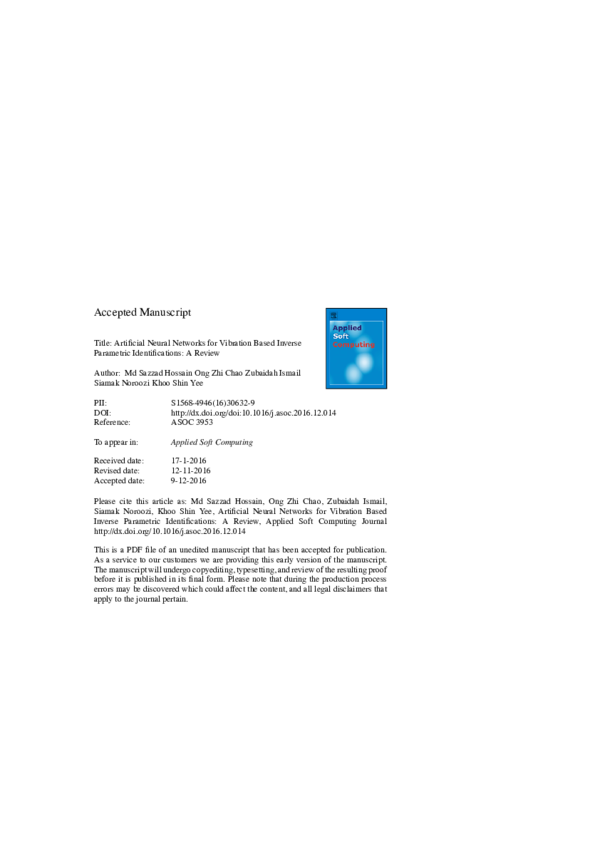 Pdf Artificial Neural Networks For Vibration Based Inverse Parametric Identifications A Review