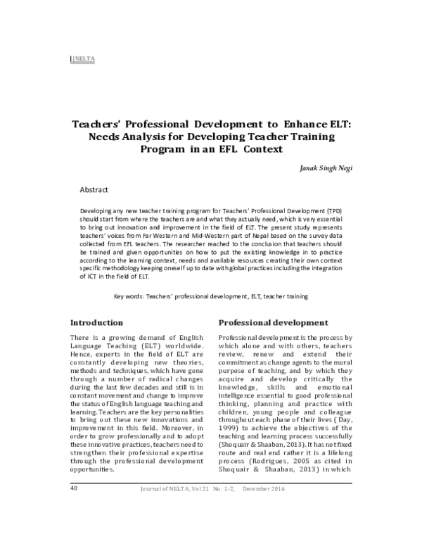(PDF) Teachers' Professional Development to Enhance ELT: Needs Analysis for Developing Teacher ...