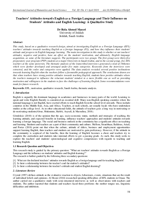(PDF) Teachers' Attitudes towards English as a Foreign Language and Their Influence on Students ...