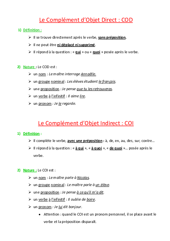 (PDF) Le Complément d'Objet Direct : COD