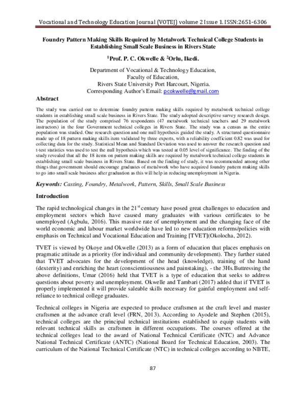 (PDF) Foundry Pattern Making Skills Required by Metalwork Technical College Students in ...