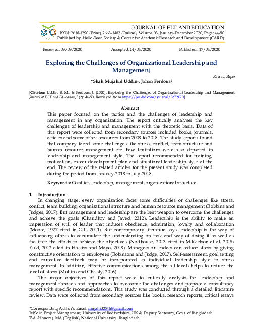 (PDF) Exploring the Challenges of Organizational Leadership and Management
