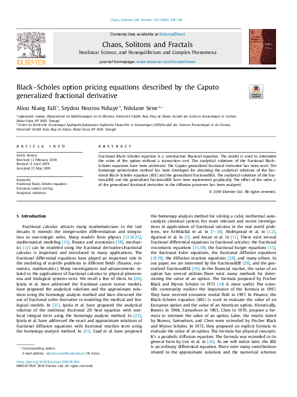 Pdf Black Scholes Option Pricing Equations Describ E D By The Caputo