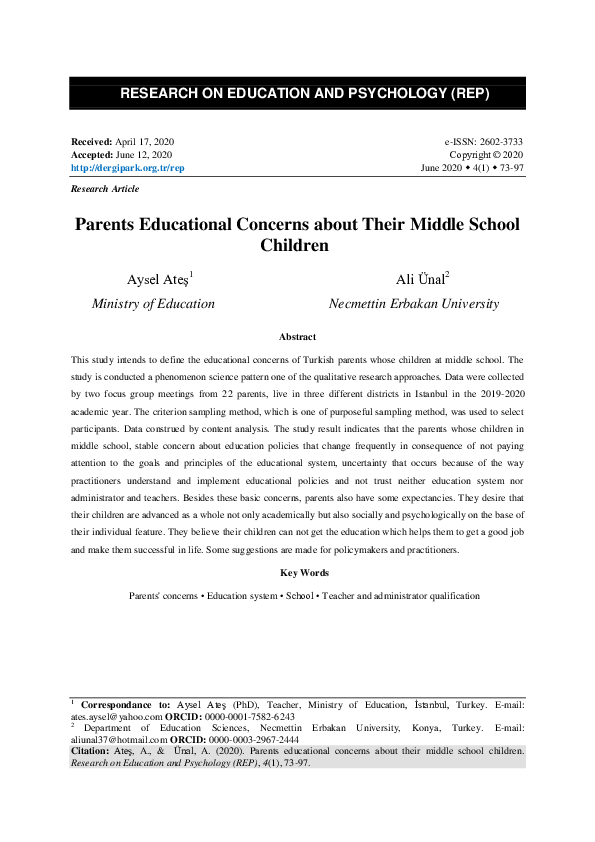 (PDF) Parents educational concerns about their middle school children