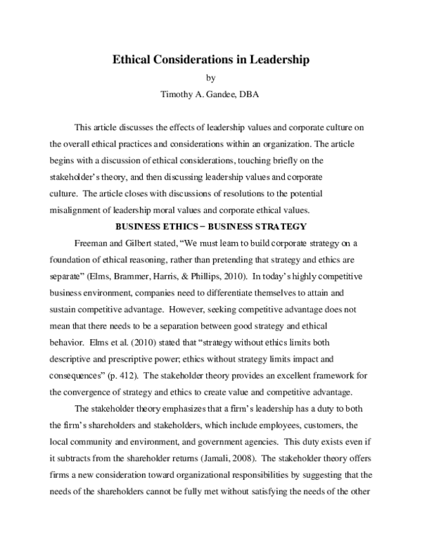 (PDF) Ethical Considerations in Leadership