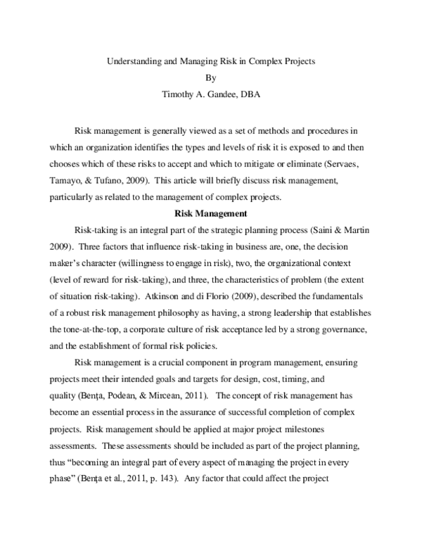 (PDF) Understanding and Managing Risk in Complex Projects