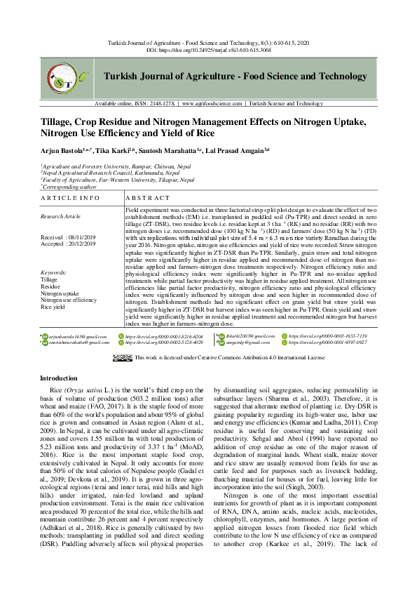 (PDF) Tillage, Crop Residue and Nitrogen Management Effects on Nitrogen Uptake, Nitrogen Use ...