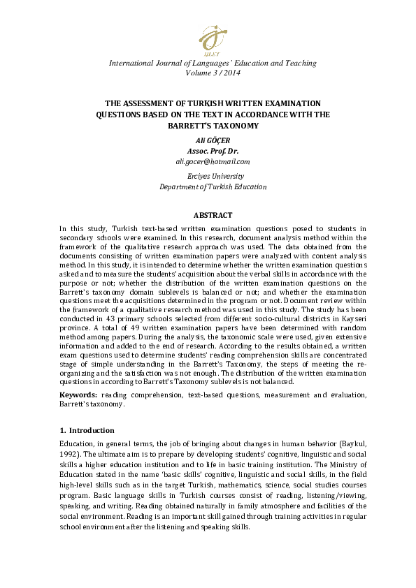 (PDF) Göçer, Ali (2014). The Assessment of Turkish Written Examination ...