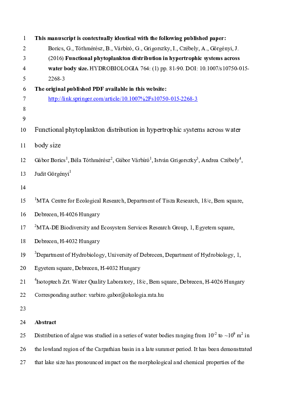 (PDF) Functional phytoplankton distribution in hypertrophic systems across water body size
