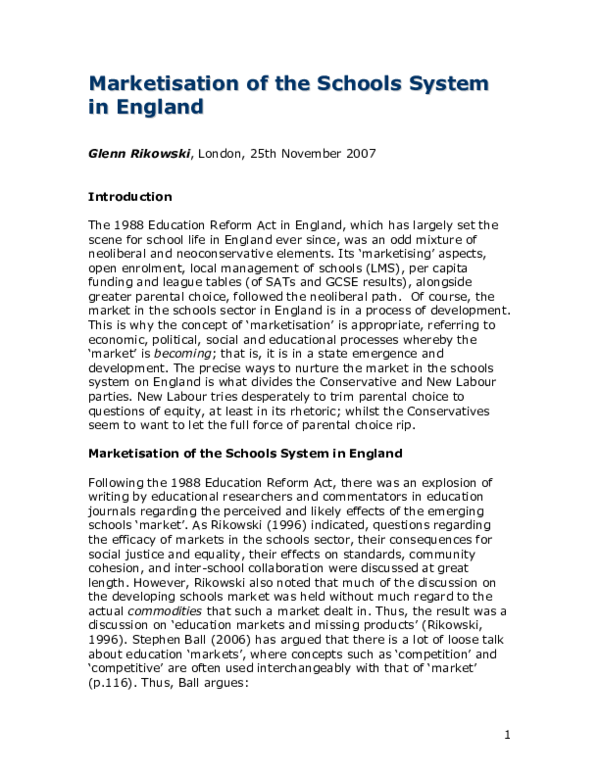 (PDF) Marketisation of the Schools System in England