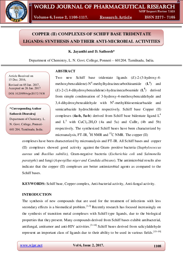 (PDF) COPPER (II) COMPLEXES OF SCHIFF BASE TRIDENTATE LIGANDS: SYNTHESIS AND THEIR ANTI ...