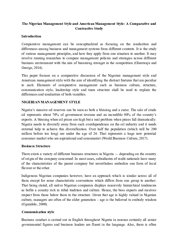 (DOC) The Nigerian Management Style VS American Management Style