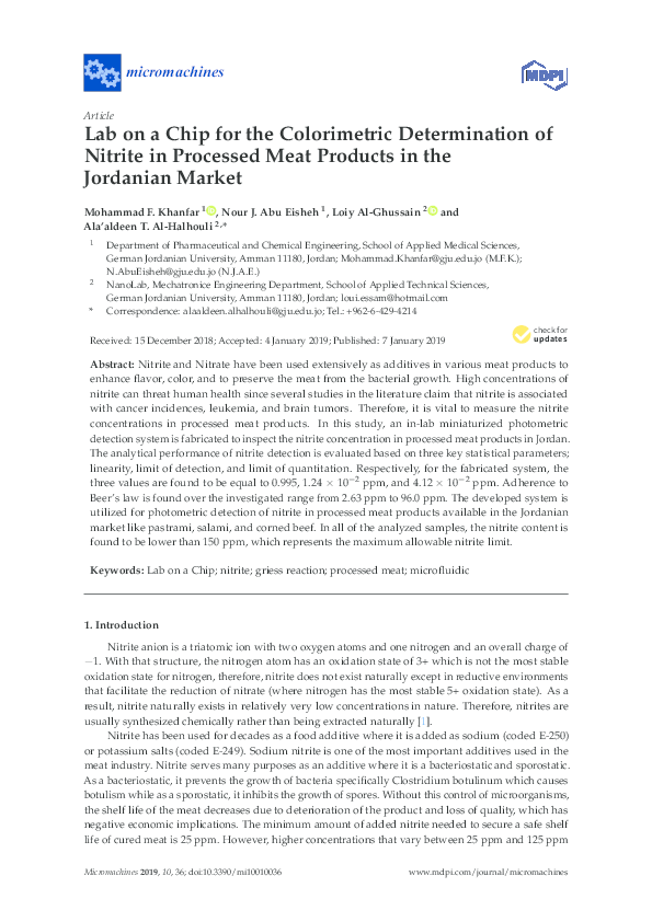 Pdf Lab On A Chip For The Colorimetric Determination Of Nitrite In Processed Meat Products In