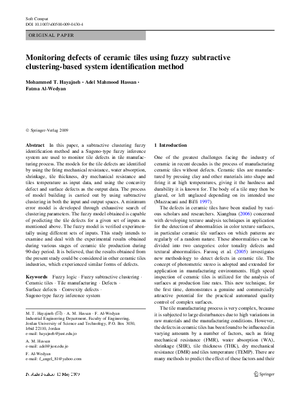 Pdf Monitoring Defects Of Ceramic Tiles Using Fuzzy Subtractive