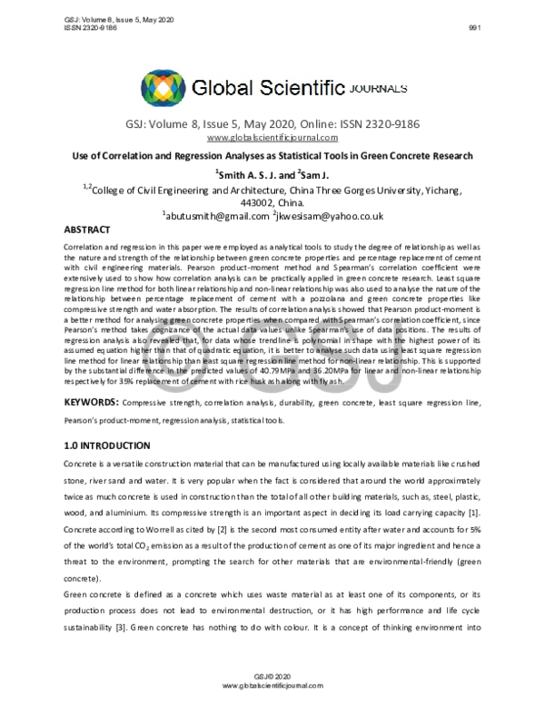 (PDF) Use of Correlation and Regression Analyses as Statistical Tools in Green Concrete Research