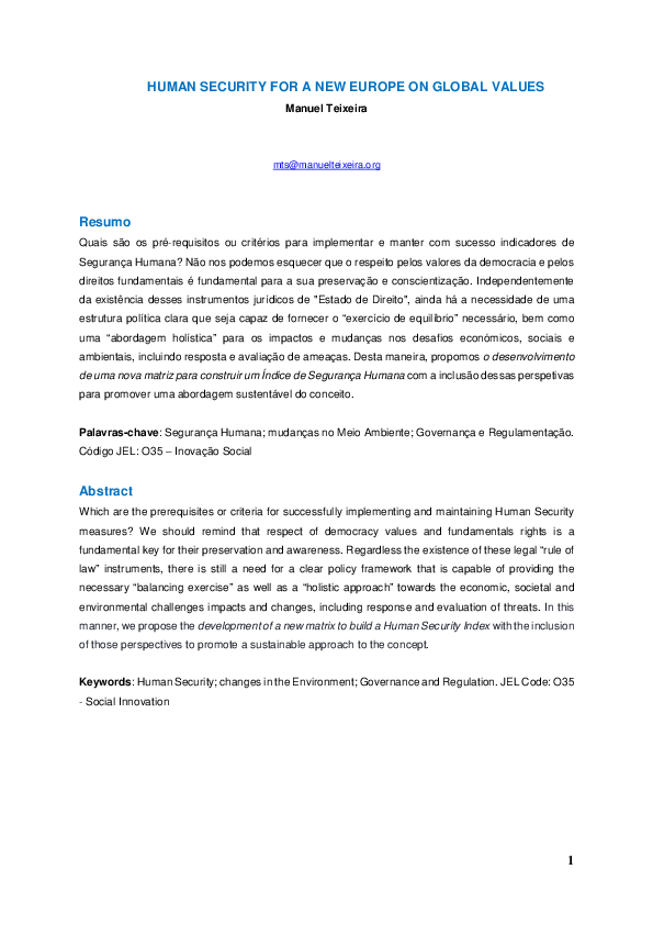 (PDF) HUMAN SECURITY FOR A NEW EUROPE ON GLOBAL VALUES