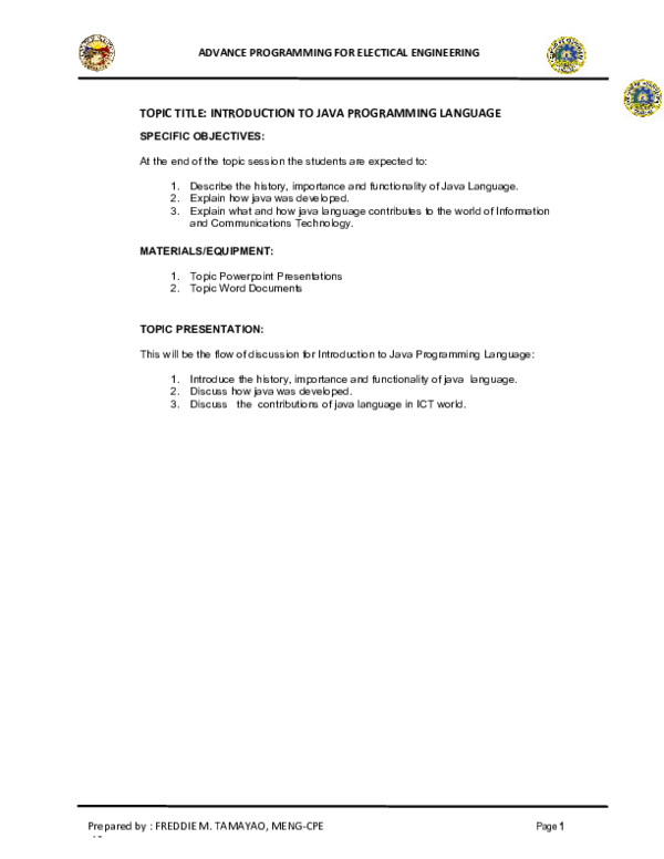(DOC) MODULE 1 Introduction to Java | Freddie Tamayao - Academia.edu