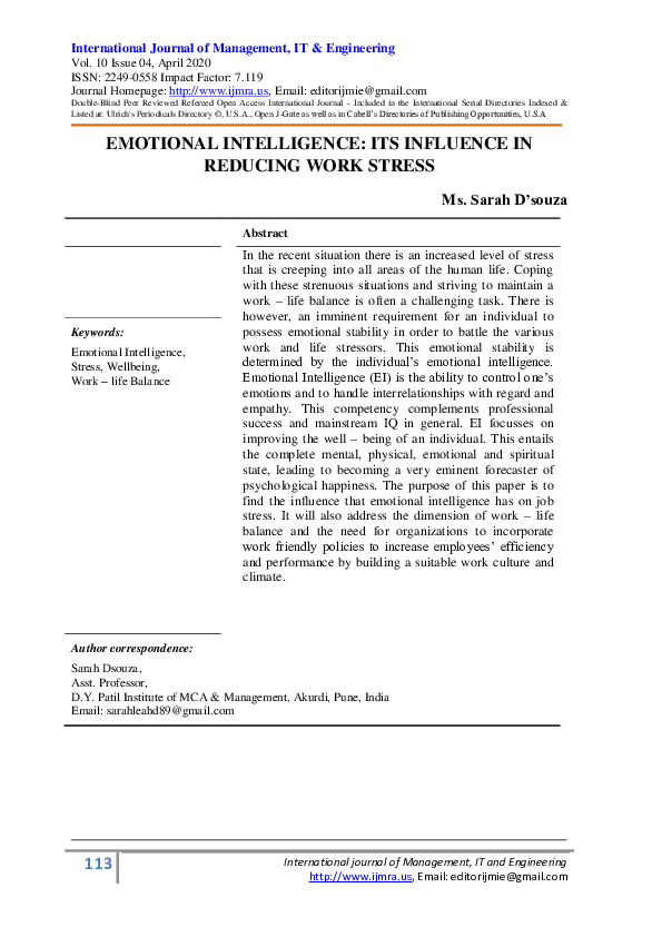 (PDF) EMOTIONAL INTELLIGENCE: ITS INFLUENCE IN REDUCING WORK STRESS