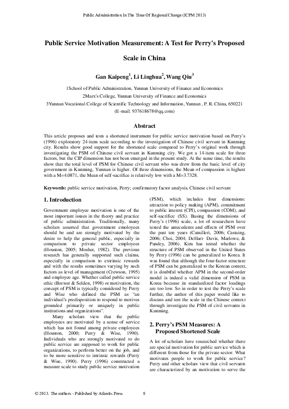 (PDF) Public Service Motivation Measurement: A Test for Perry's ...