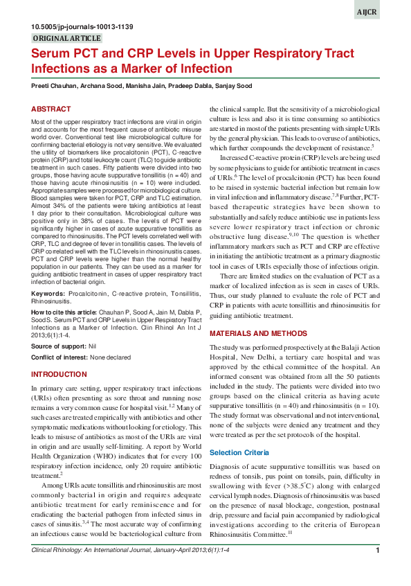 (PDF) Serum PCT and CRP Levels in Upper Respiratory Tract Infections as ...