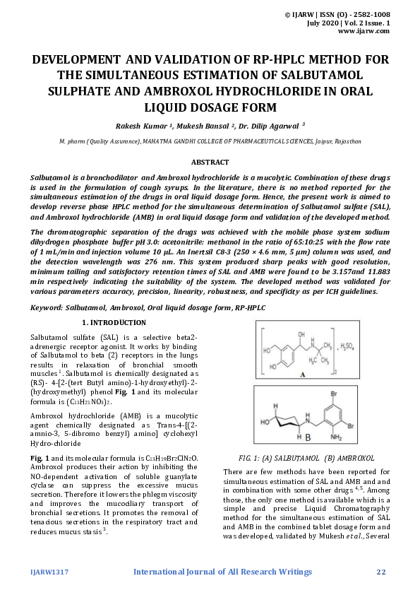 (PDF) DEVELOPMENT AND VALIDATION OF RP-HPLC METHOD FOR THE SIMULTANEOUS ESTIMATION OF SALBUTAMOL ...
