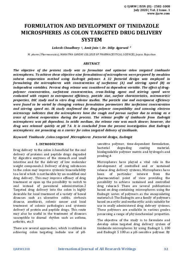 Pdf Formulation And Development Of Tinidazole Microspheres As Colon Targeted Drug Delivery System