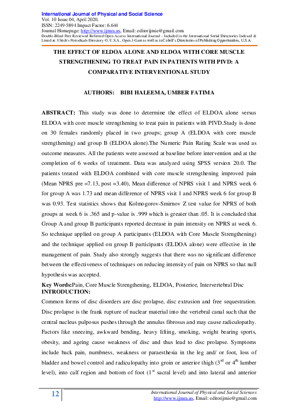 (PDF) THE EFFECT OF ELDOA ALONE AND ELDOA WITH CORE MUSCLE STRENGTHENING TO TREAT PAIN IN ...