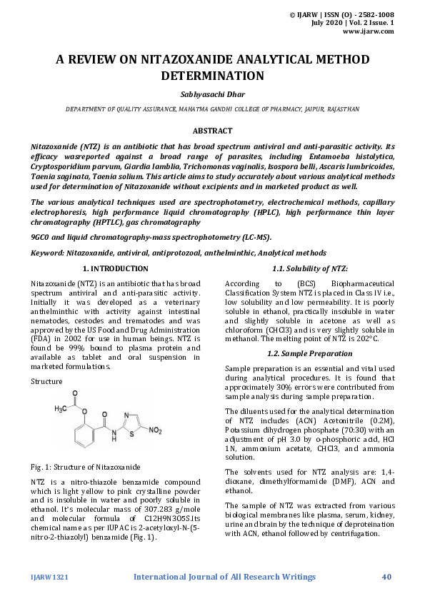 (PDF) A REVIEW ON NITAZOXANIDE ANALYTICAL METHOD DETERMINATION