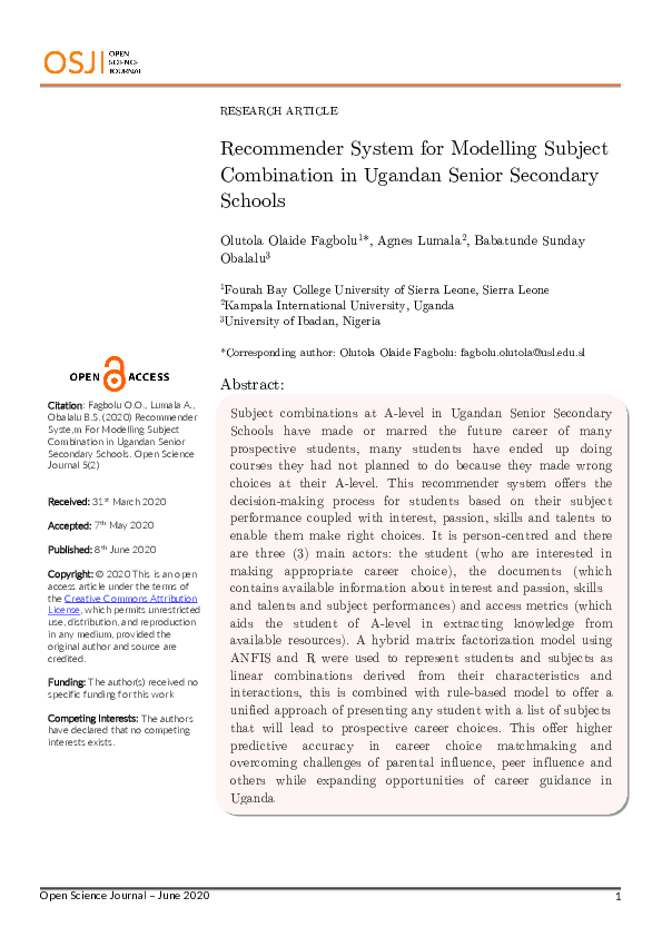 (PDF) Recommender System For Modelling Subject Combination in Ugandan Senior Secondary Schools