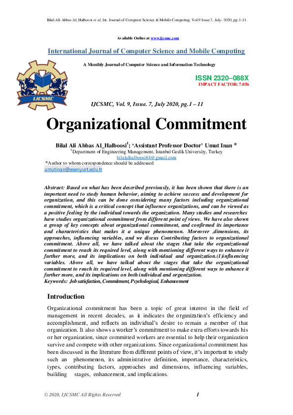 (PDF) 7 Meyer and Allen Model of Organizational Commitment: Measurement Issues Meyer and Allen ...