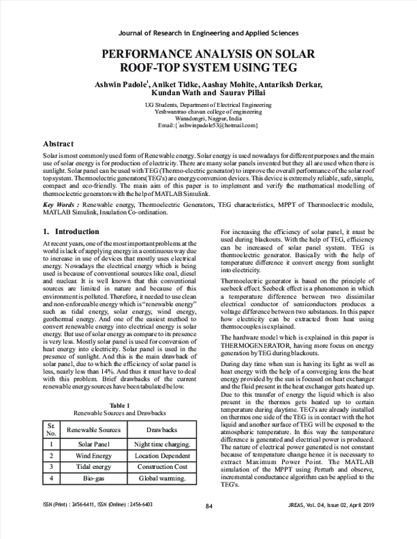 (PDF) PERFORMANCE ANALYSIS ON SOLAR ROOF-TOP SYSTEM USING TEG