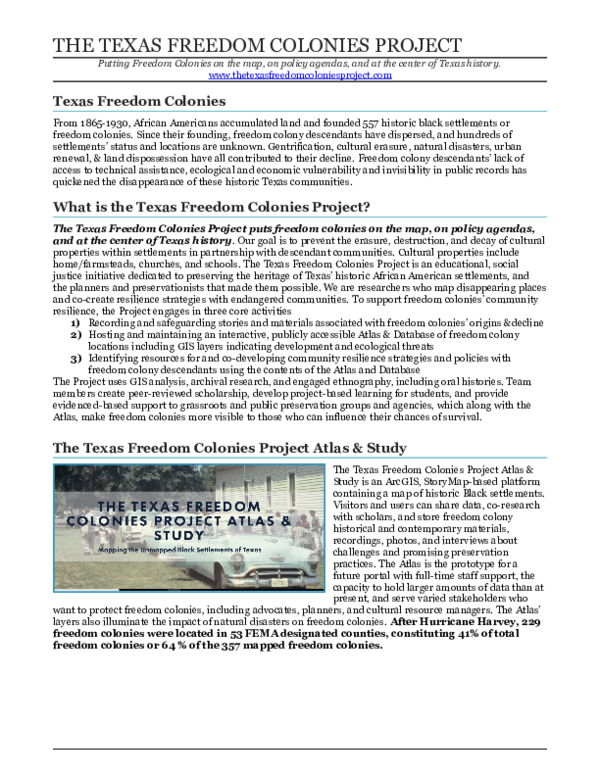 (DOC) The Texas Freedom Colonies Project Overview (2020)