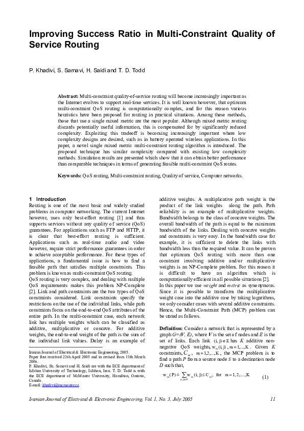 (PDF) Improving Success Ratio in Multi-Constraint Quality of Service Routing | hossein Saidi ...