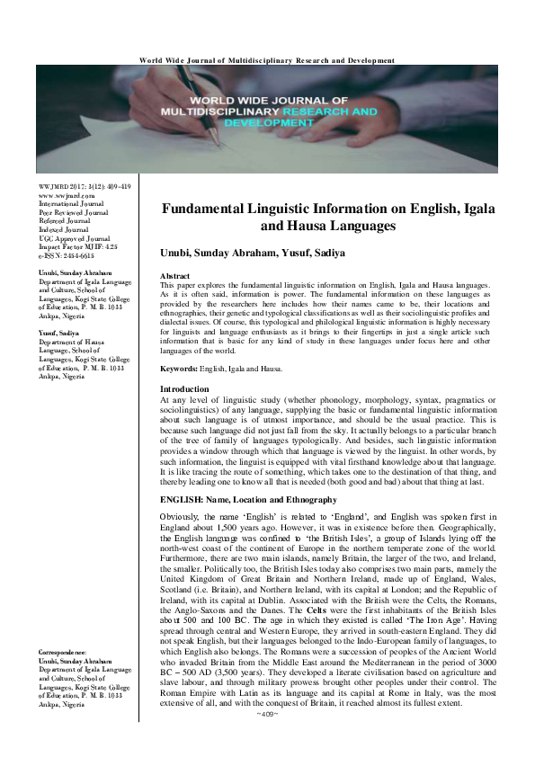 (PDF) Fundamental Linguistic Information on English, Igala and Hausa ...