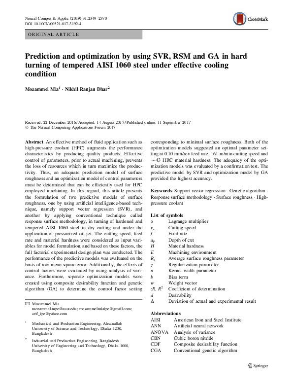 Pdf Prediction And Optimization By Using Svr Rsm And Ga In Hard Turning Of Tempered Aisi 1060