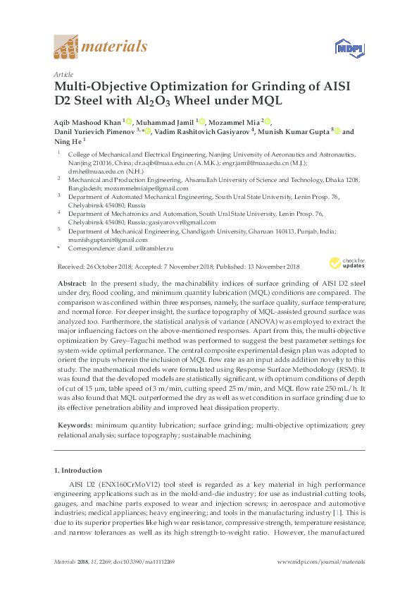 (PDF) Multi-Objective Optimization for Grinding of AISI D2 Steel with Al2O3 Wheel under MQL