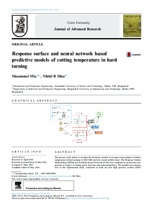 Pdf Response Surface And Neural Network Based Predictive Models Of Cutting Temperature In Hard
