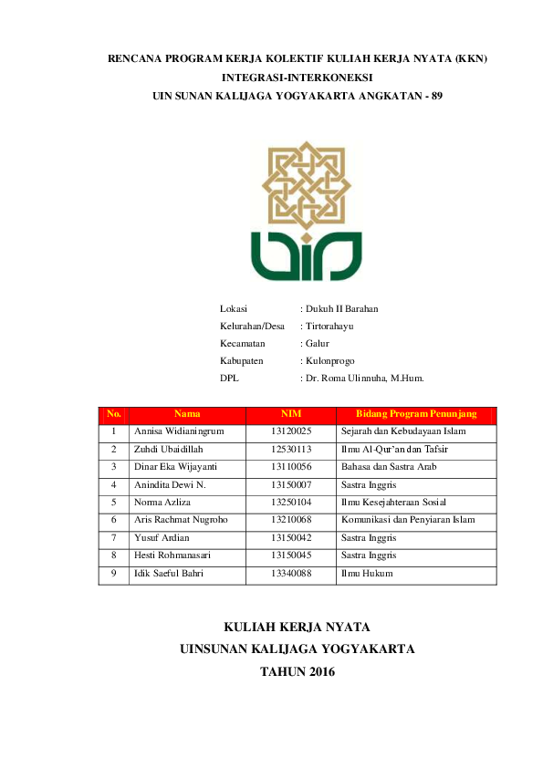 (PDF) RENCANA PROGRAM KERJA (RPK) KOLEKTIF KULIAH KERJA NYATA (KKN) INTEGRASI-INTERKONEKSI UIN ...