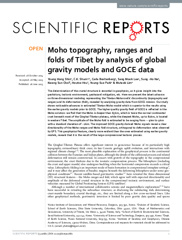 (PDF) Moho topography, ranges and folds of Tibet by analysis of global gravity models and GOCE data
