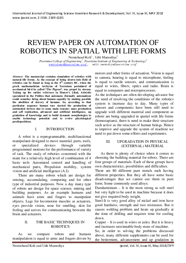 Pdf Review Paper On Automation Of Robotics In Spatial With Life Forms