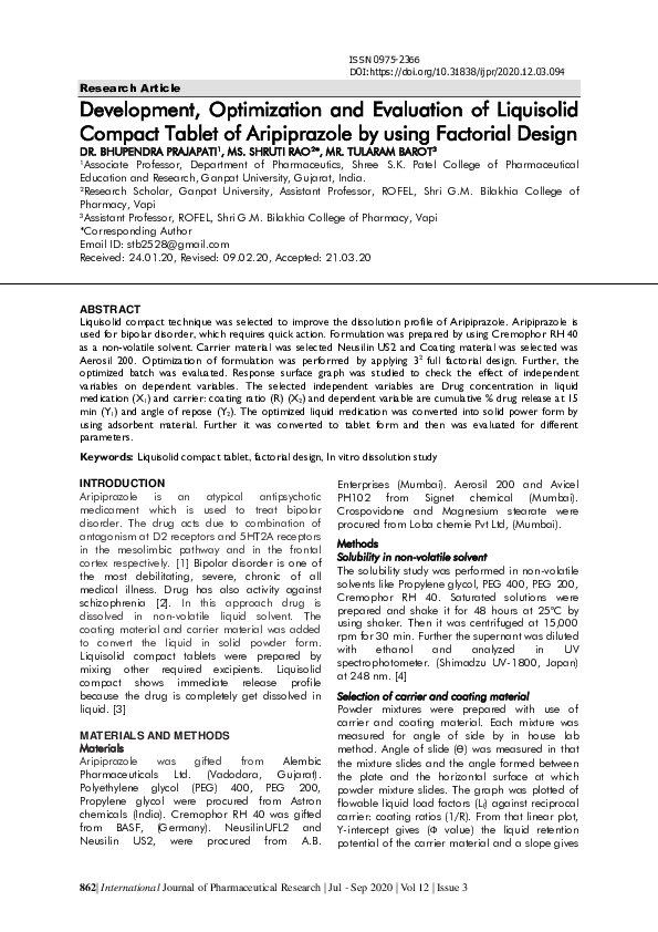 Pdf Development Optimization And Evaluation Of Liquisolid Compact Tablet Of Aripiprazole By