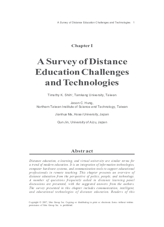 (PDF) A Survey of Distance Education Challenges and Technologies