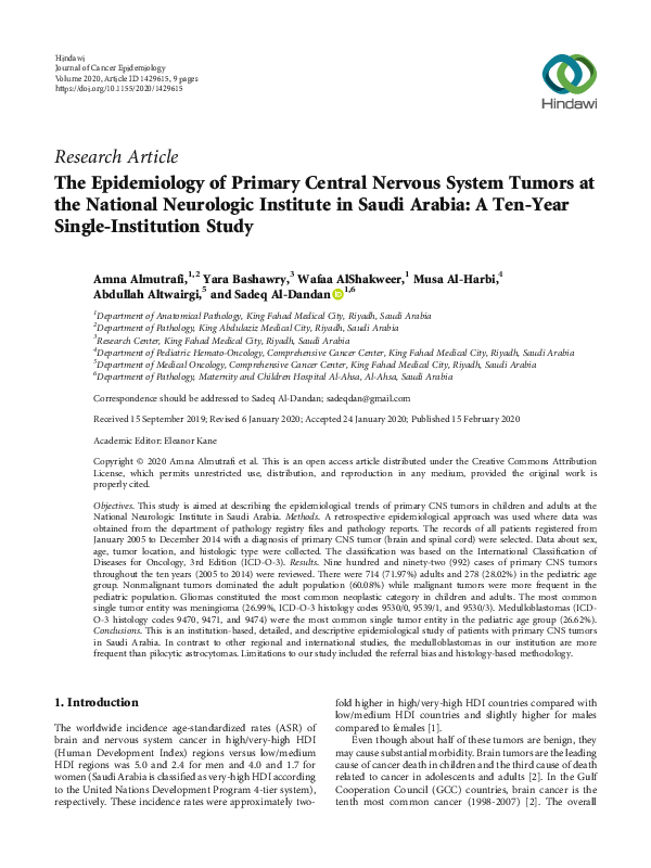 (PDF) The Epidemiology of Primary Central Nervous System Tumors at the National Neurologic ...