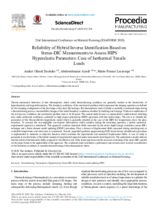Pdf Reliability Of Hybrid Inverse Identification Based On Stereo Dic Measurements To Assess